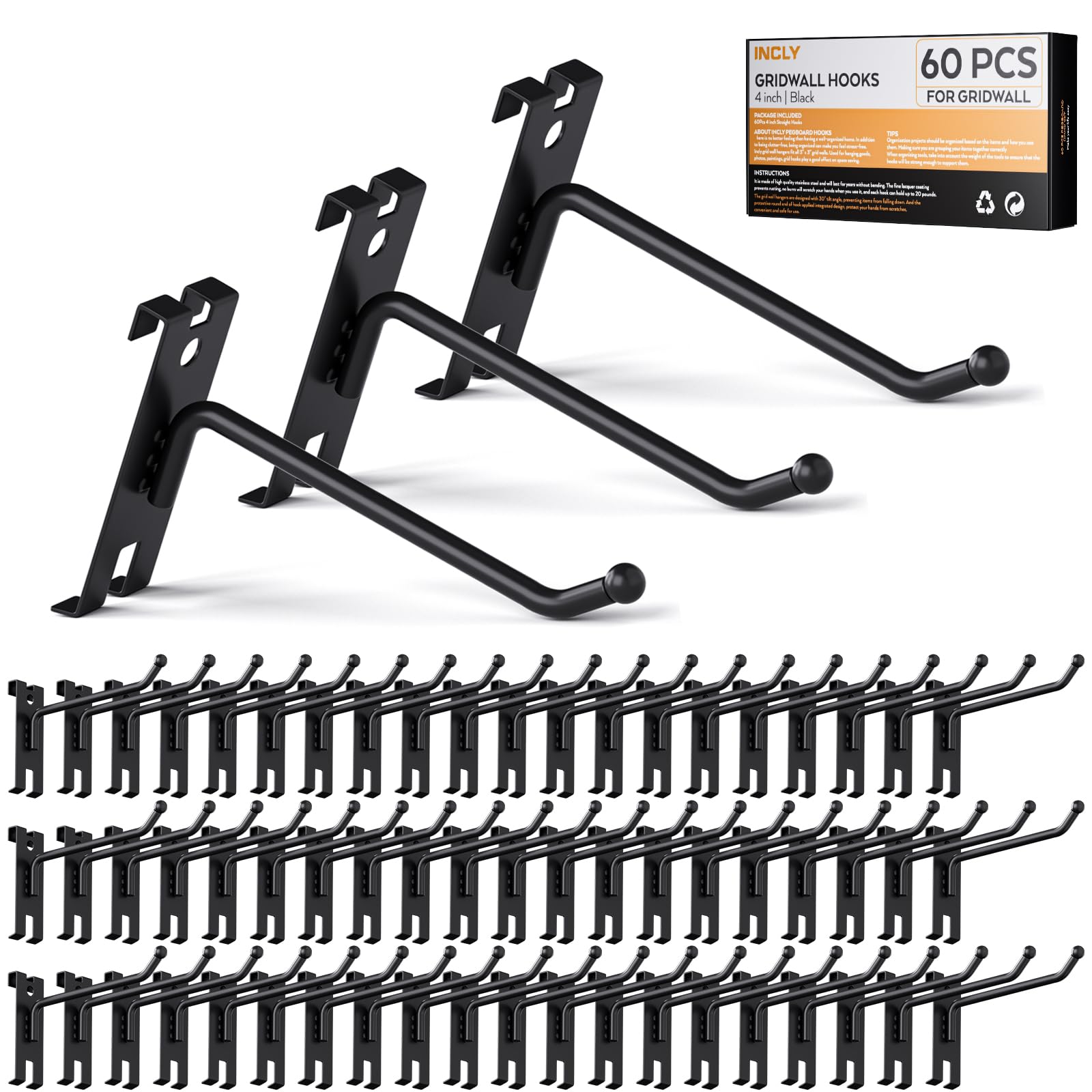 INCLY 4 Inch Gridwall Hooks, 60 Pack Heavy Duty Black Display Hooks fo