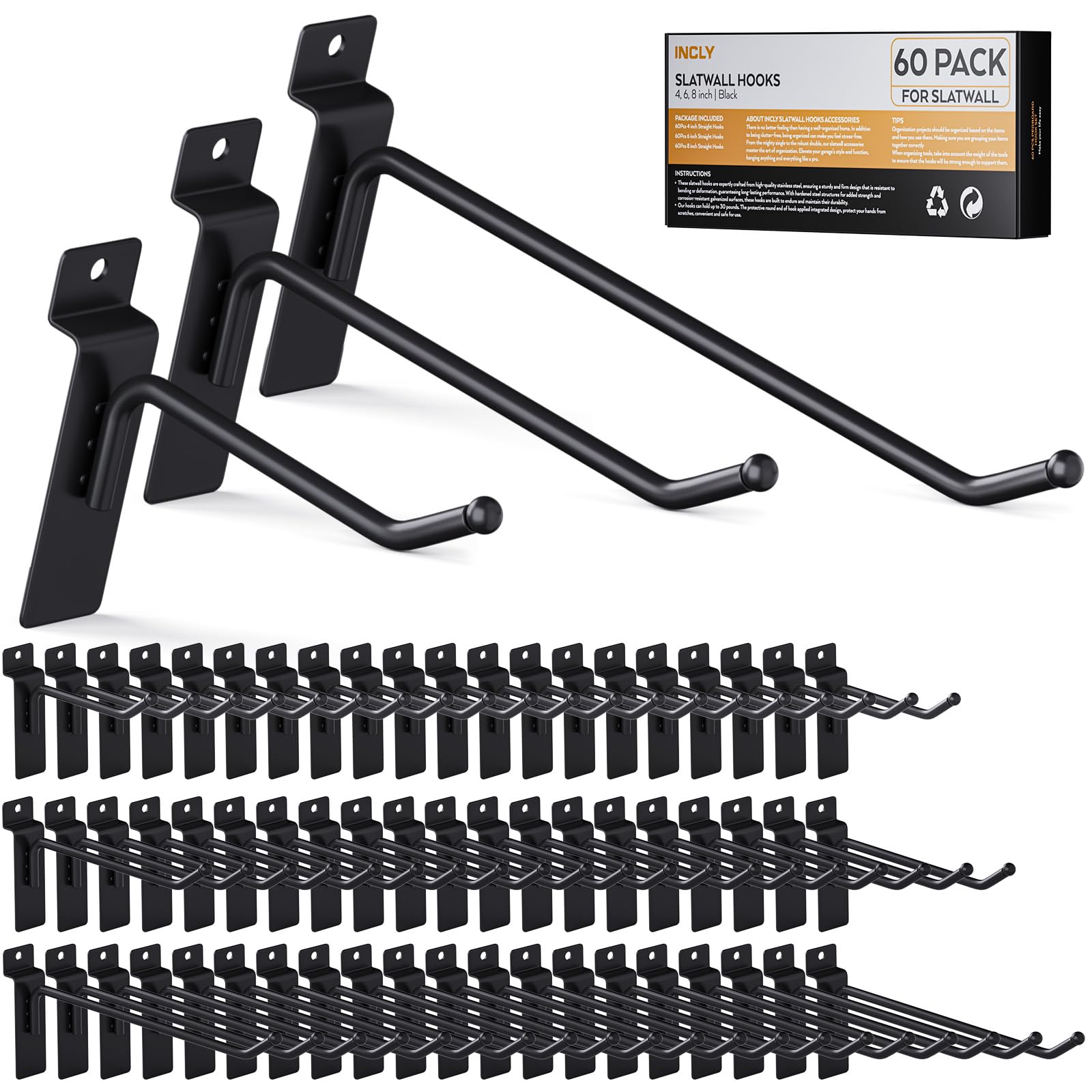 INCLY 60 Pack Slatwall Hooks, 4/6/8 Inch Heavy Duty Black Slat Wall Ha